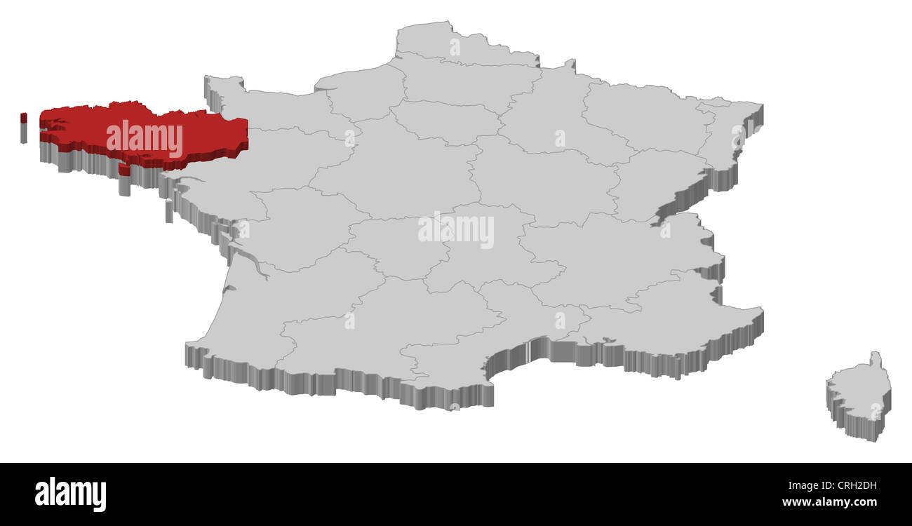 Political map of France with the several regions where Brittany is ...