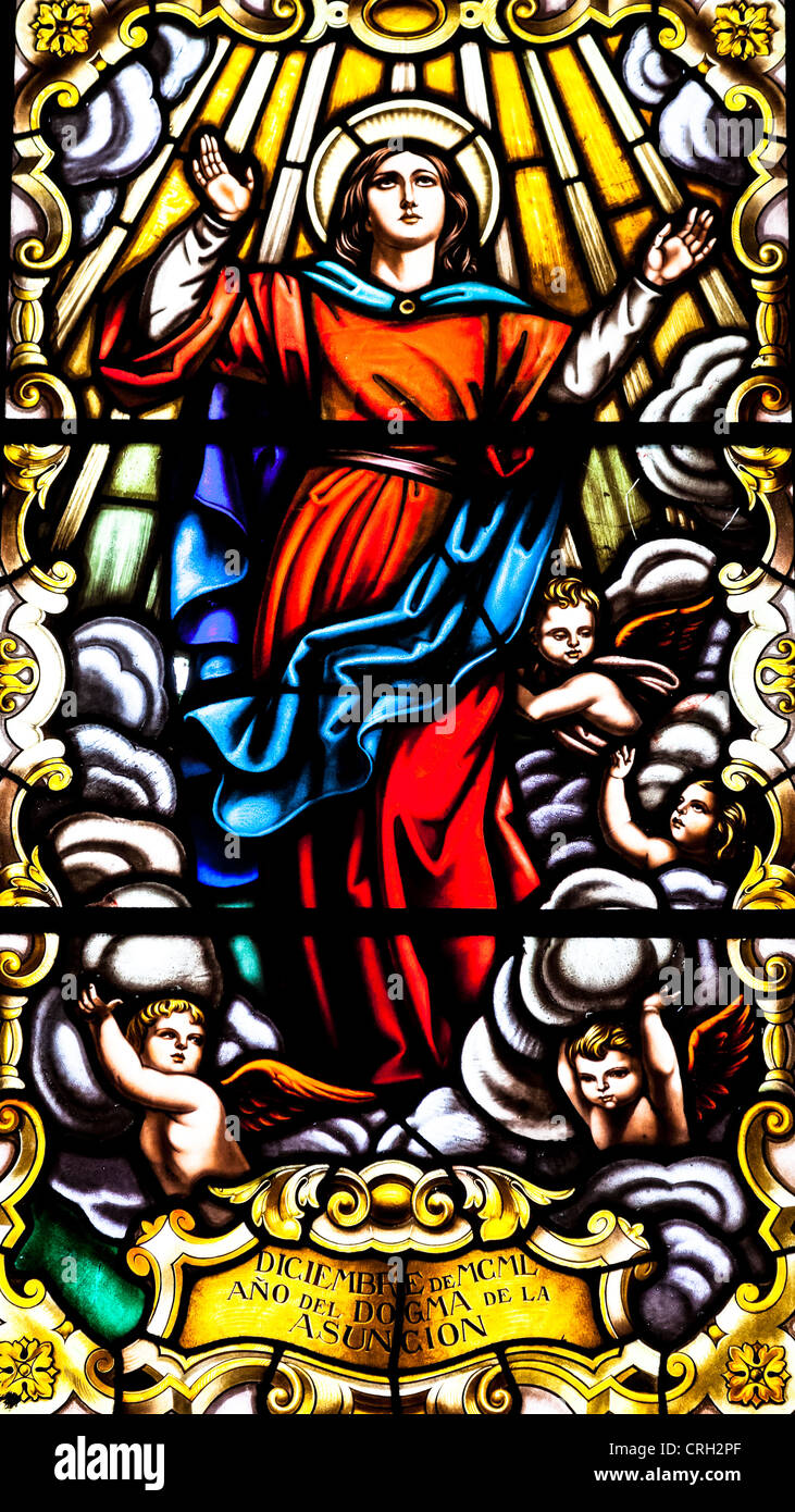 Wonderful ancient stained glass window formed of multiple colors of the ...