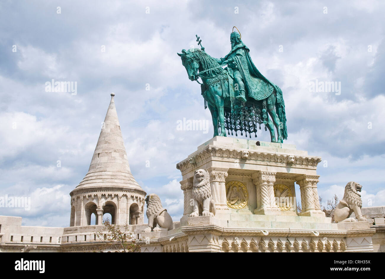 Statue of Saint Stephen in front of Fisherman's bastion at Buda castle ...