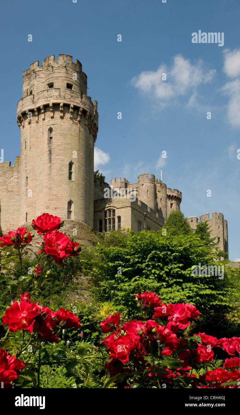 Warwick Castle south tower with red roses in foreground seen from Mill ...
