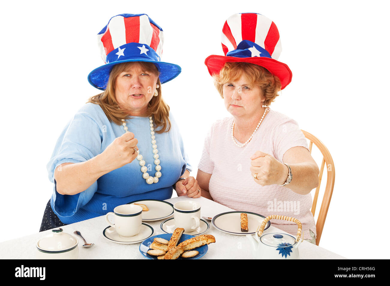 American conservative tea party voters, fighting mad. Isolated on white ...