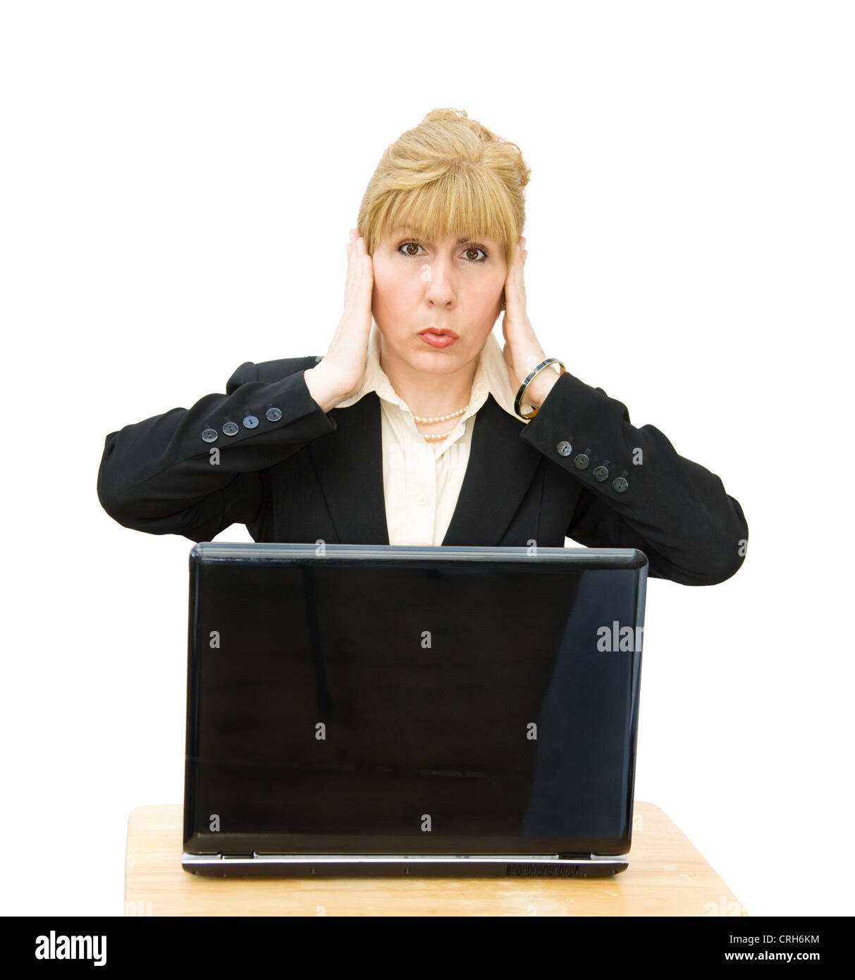 Hear no Evil - no more talking! Businesswoman covering her ears in ...