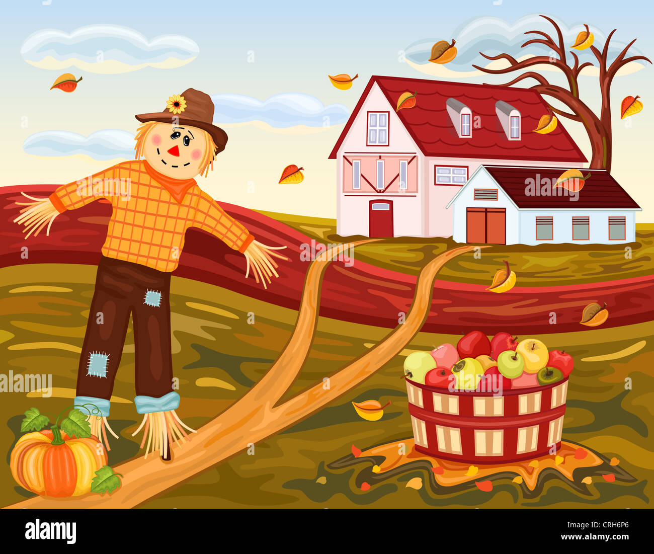 Beautiful autumn landscape at the farm. With cute scarecrow, tasty ...