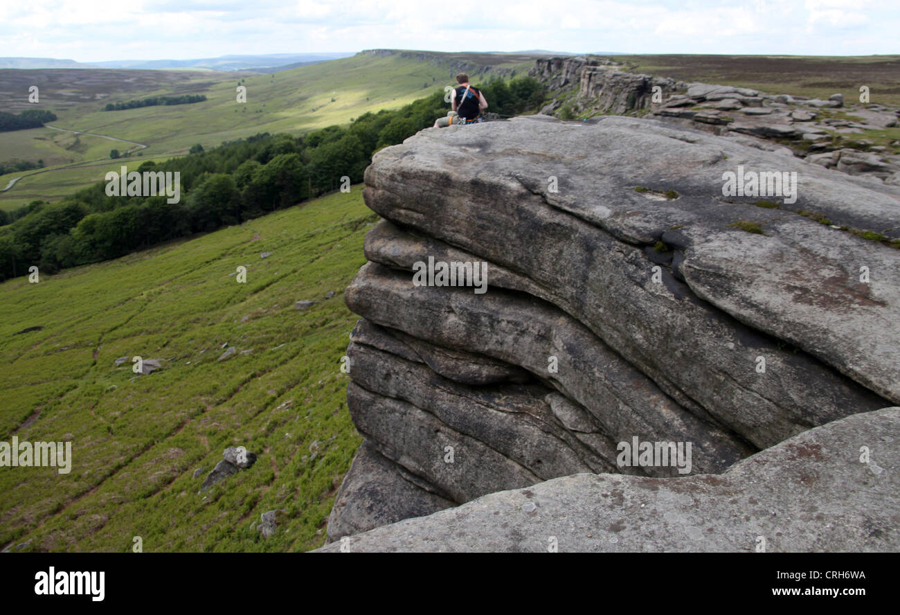 Climbing on Stanage Edge in the Derbyshire Peak District Stock Photo ...