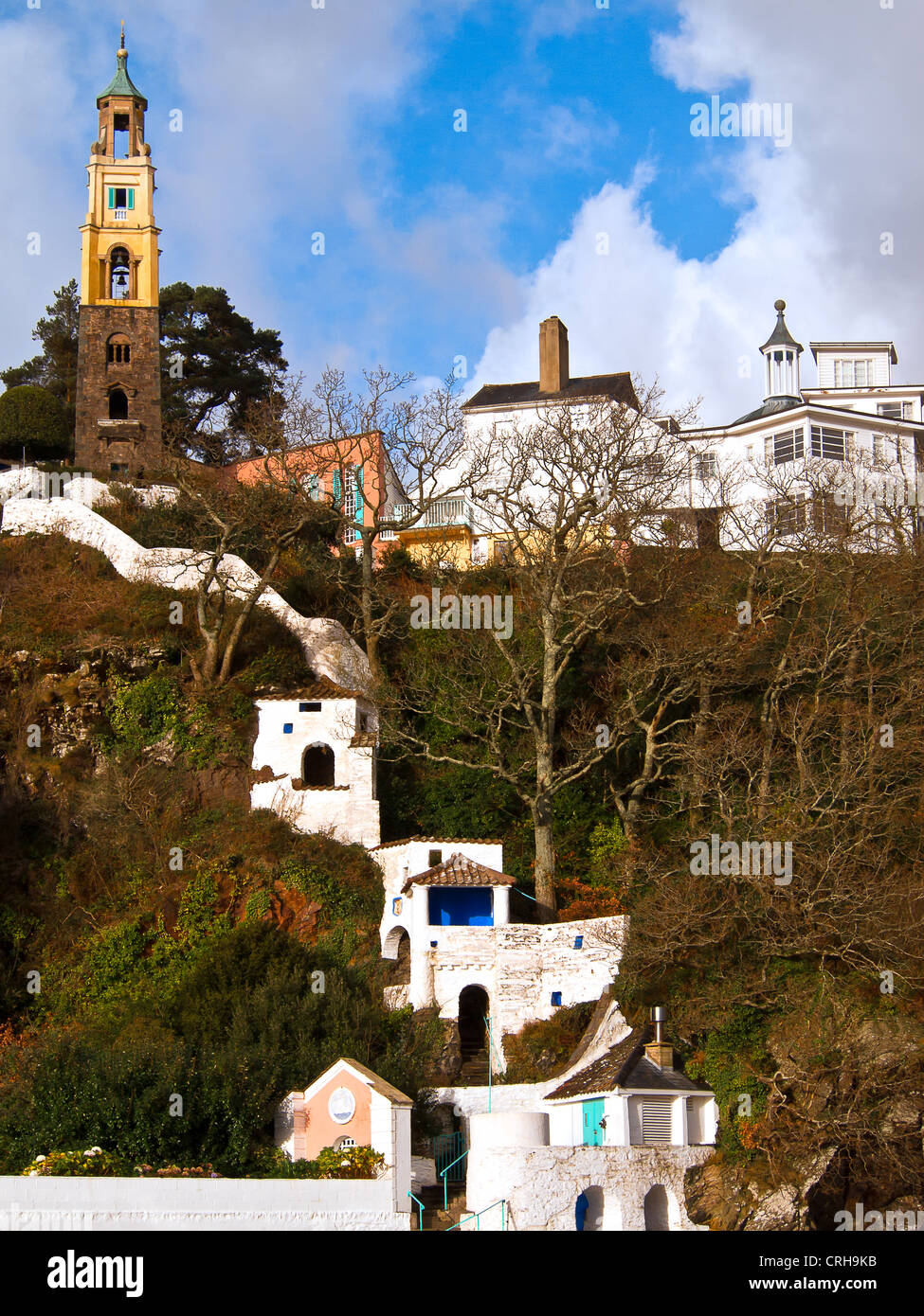 The bell tower and buildings, Portmeirion Village, Wales Stock Photo ...
