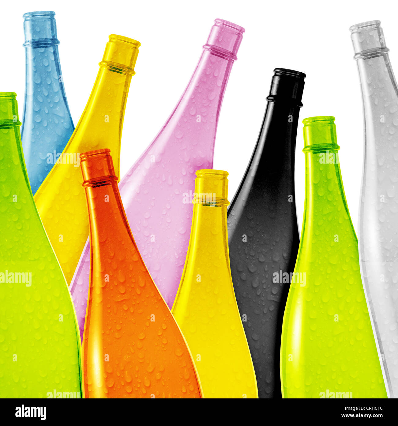 Set of colored empty glass bottles background Stock Photo - Alamy