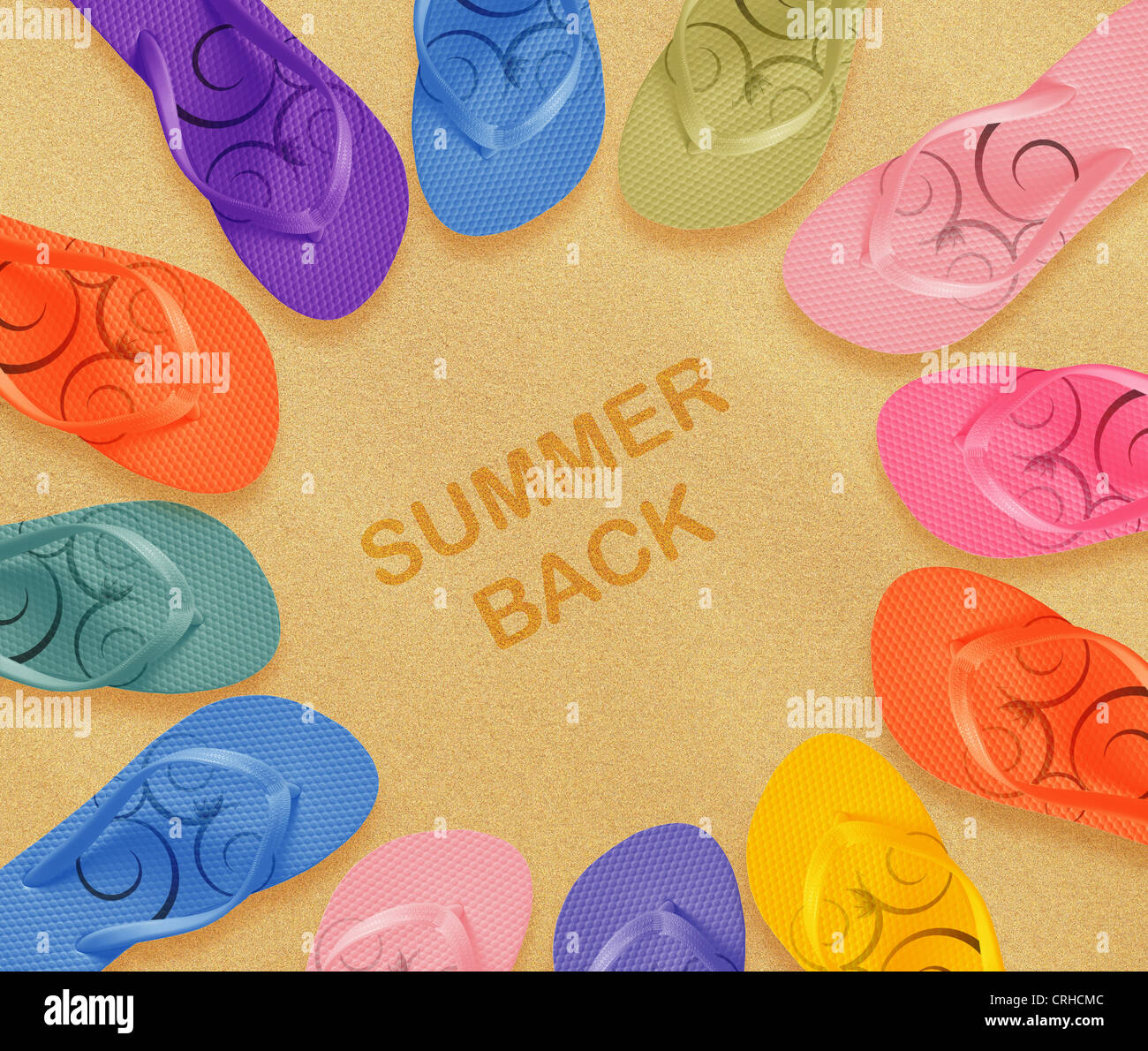 a pair of flip flops on the beach sand, Summer back concept Stock Photo ...
