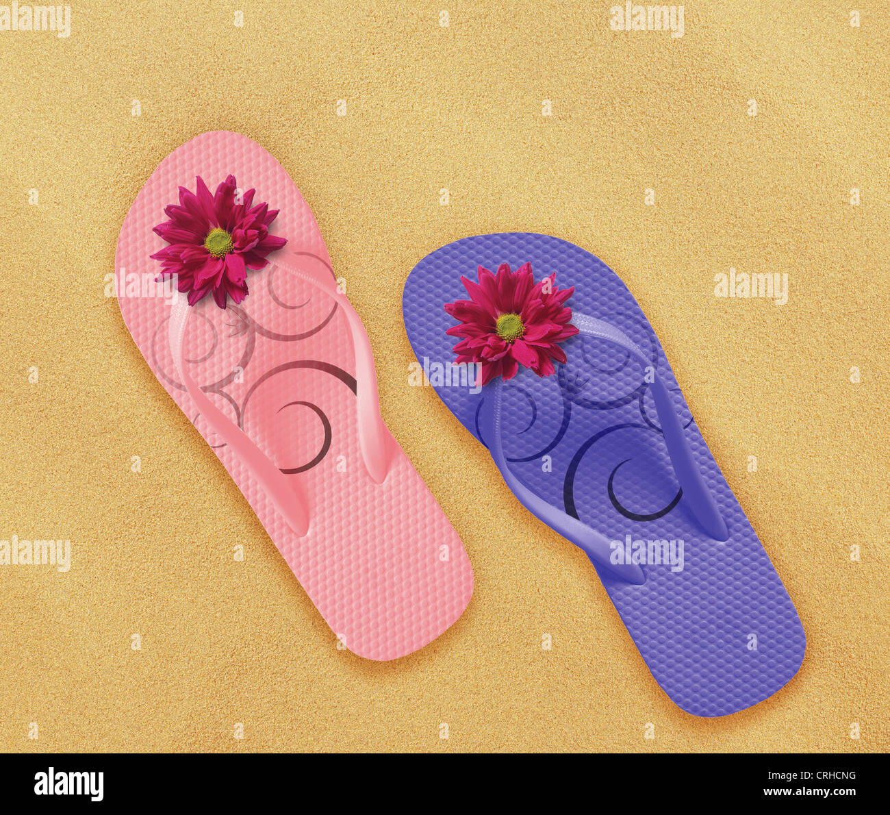 a pair of flip flops on the beach sand, Summer back concept Stock Photo ...