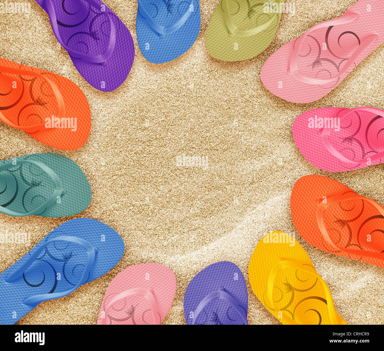 a pair of flip flops on the beach sand, Summer back concept Stock Photo ...