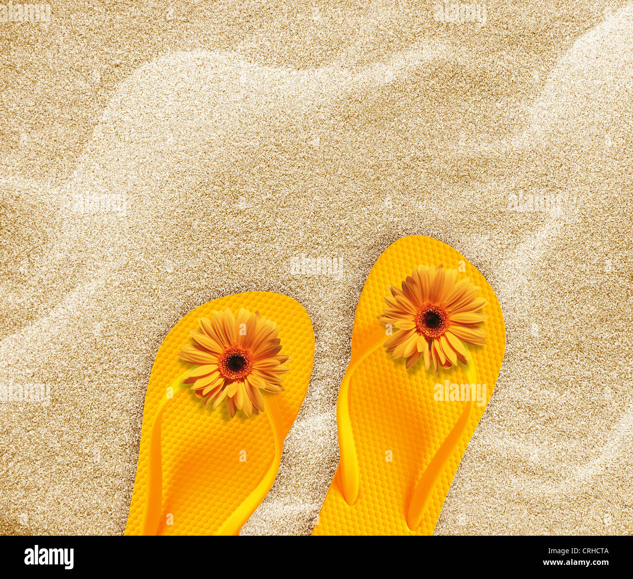 a pair of flip flops on the beach sand, Summer back concept Stock Photo ...