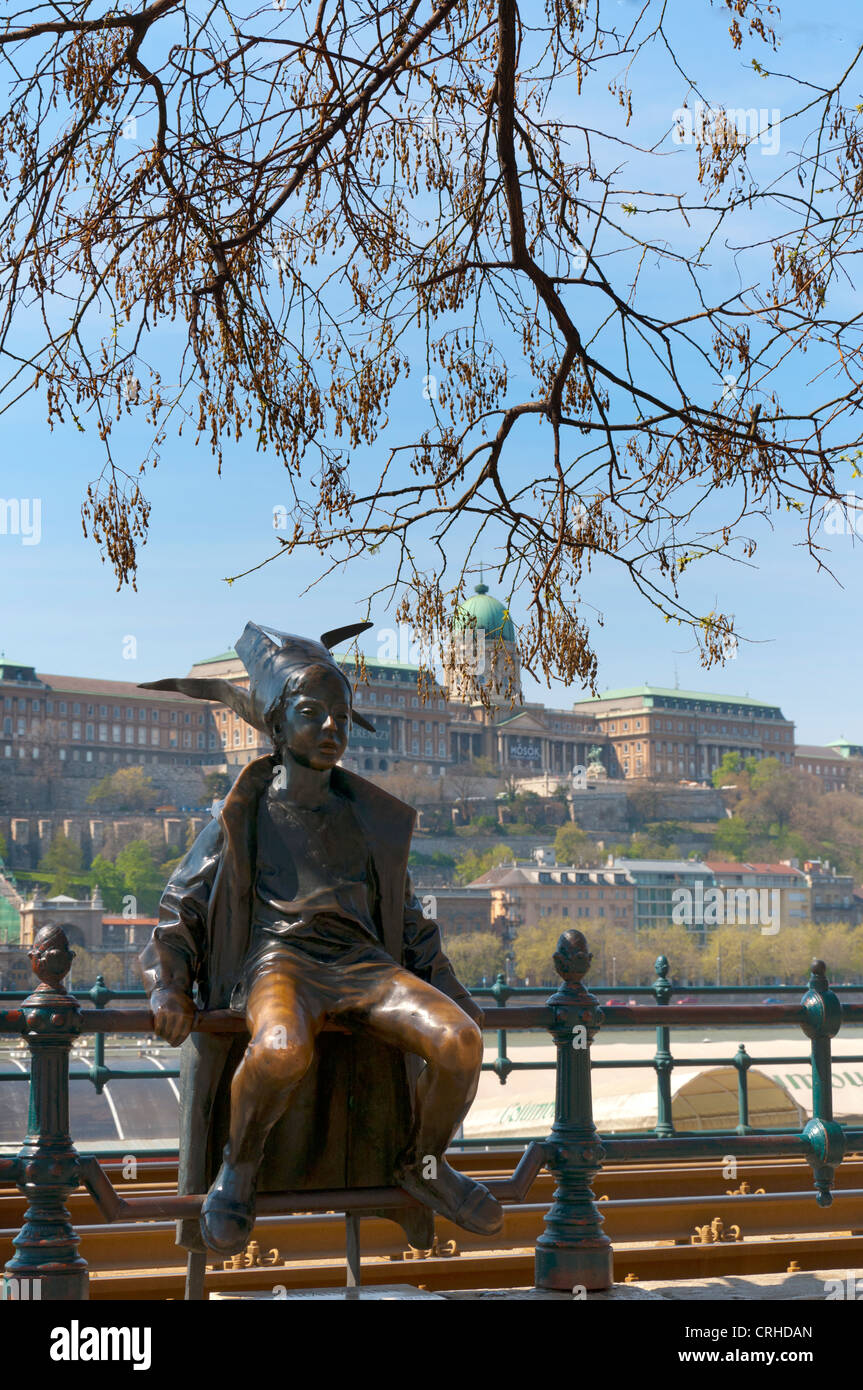The statue of the Little Princess statue sitting on the railings of the Danube promenade in ...