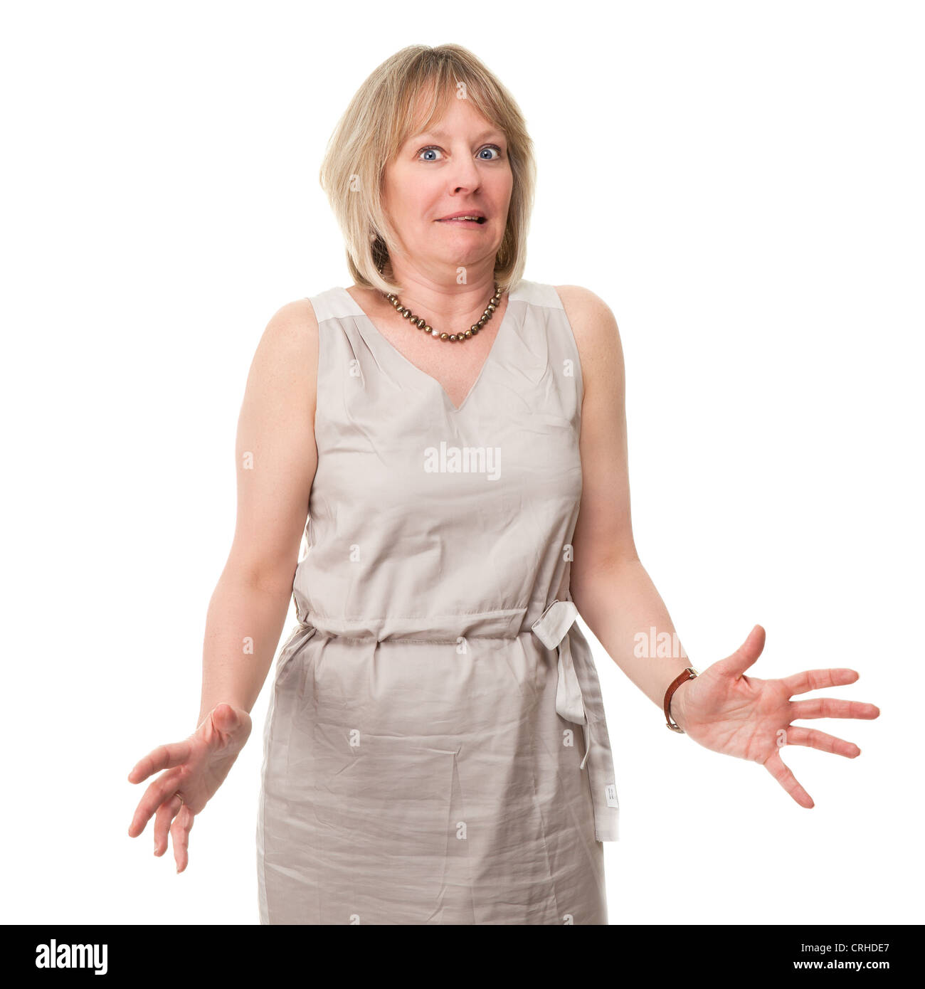 Attractive Mature Woman with Scared Expression Holding Hands Out ...