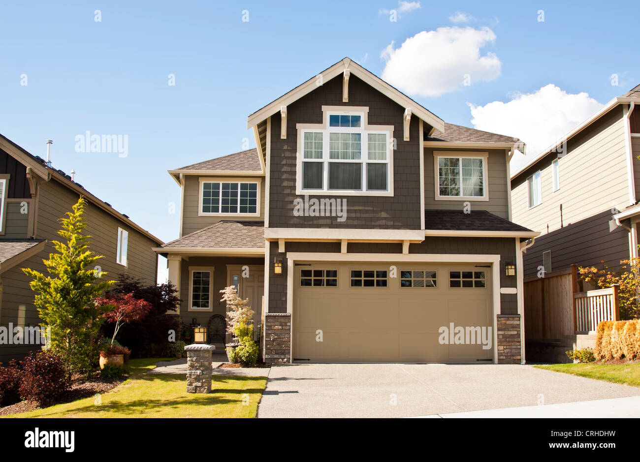 new beautiful suburban luxury house at sunny day with green grass Stock ...