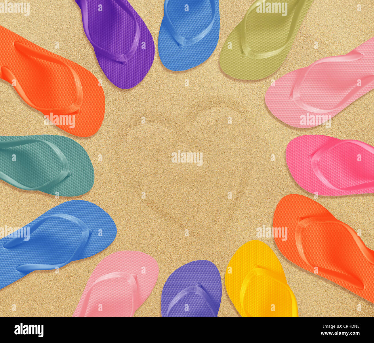 a pair of flip flops on the beach sand, Summer back concept Stock Photo ...