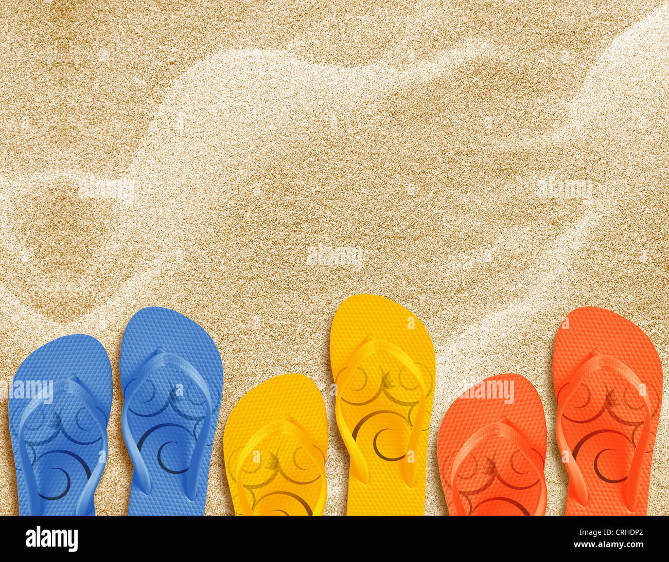 a pair of flip flops on the beach sand, Summer back concept Stock Photo ...