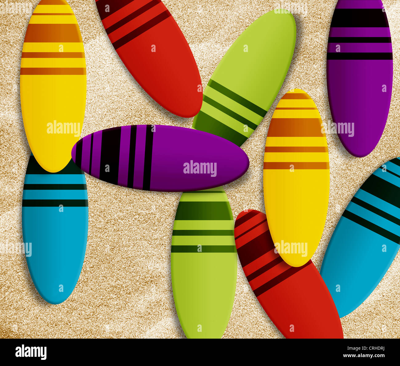 Set of different colors surf boards on the beach Stock Photo - Alamy