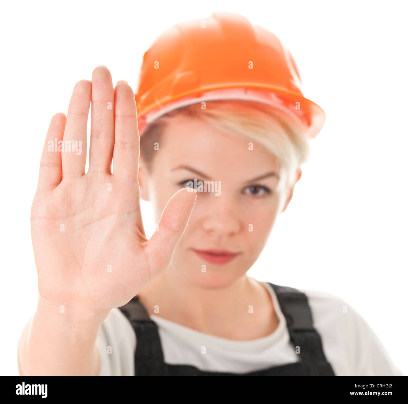 woman in work clothes show the stop signal Stock Photo - Alamy