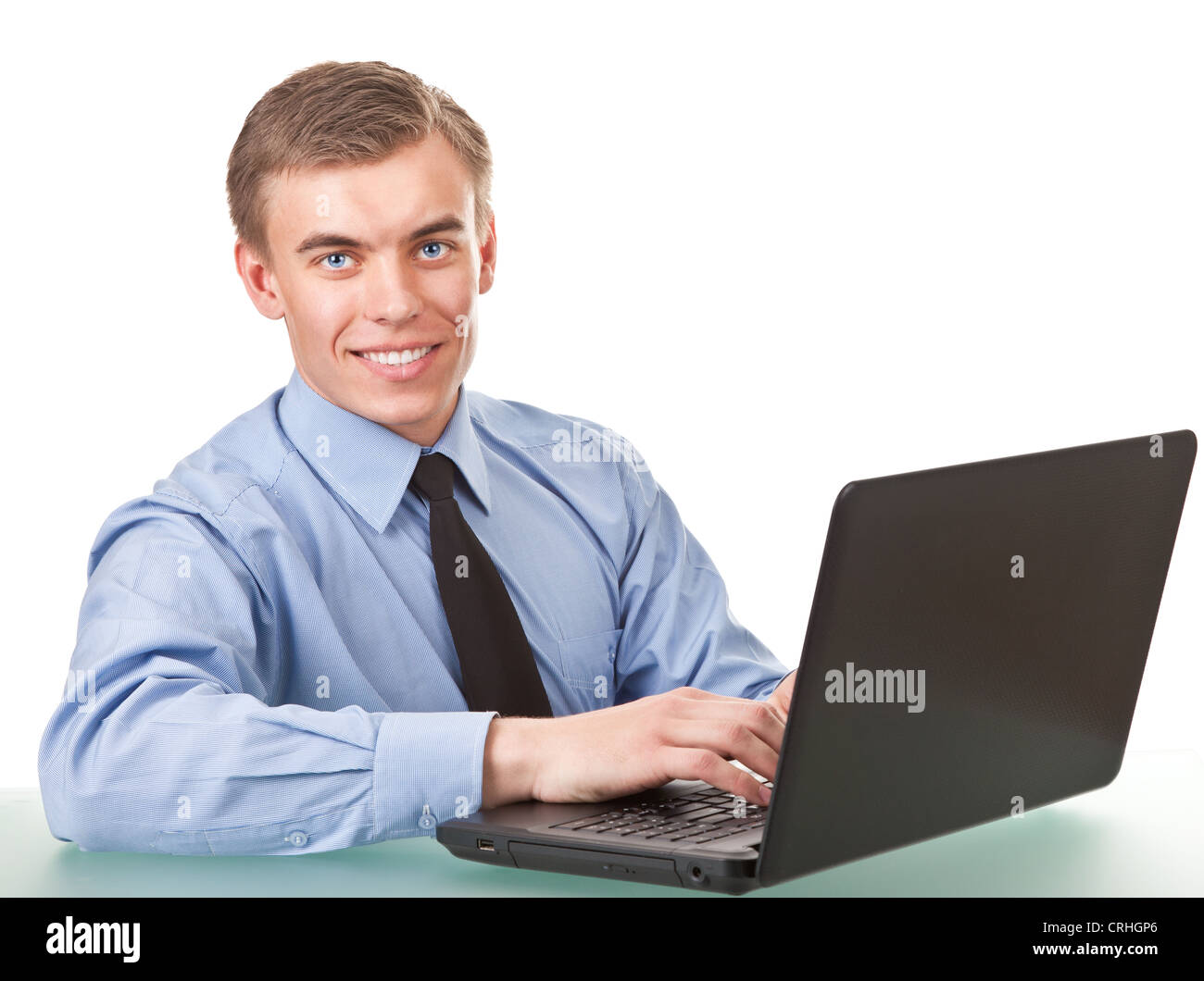 portrait of a happy user in the blue shirt Stock Photo - Alamy