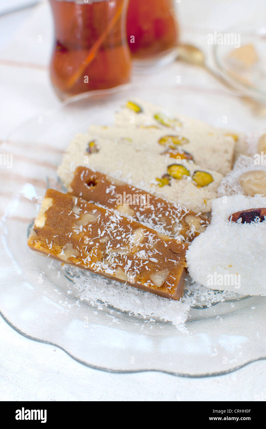 Turkish sweet confectionery - tahini halva and turkish delight served ...