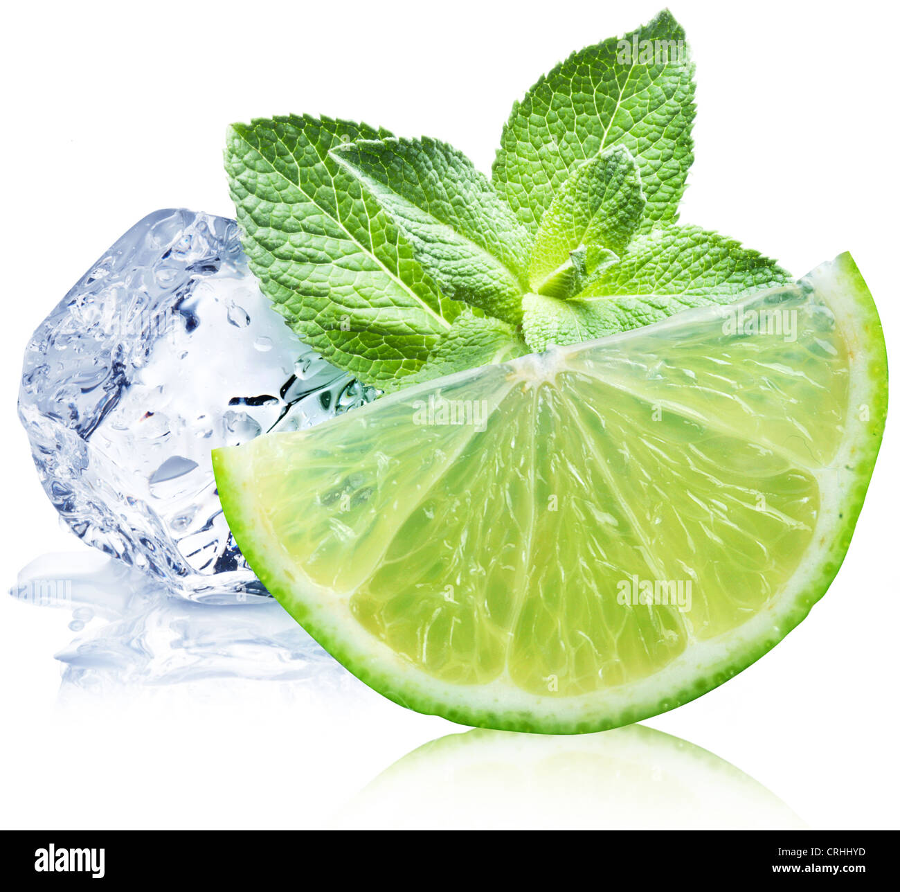 Lime, mint and ice cube on a white background Stock Photo - Alamy
