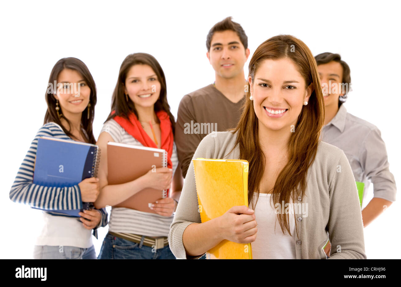 group of smiling students with notebooks, one cute woman in the ...