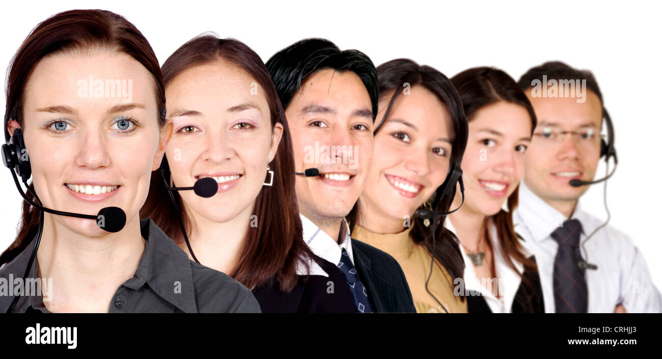 young women and men with headsets one behind another Stock Photo - Alamy