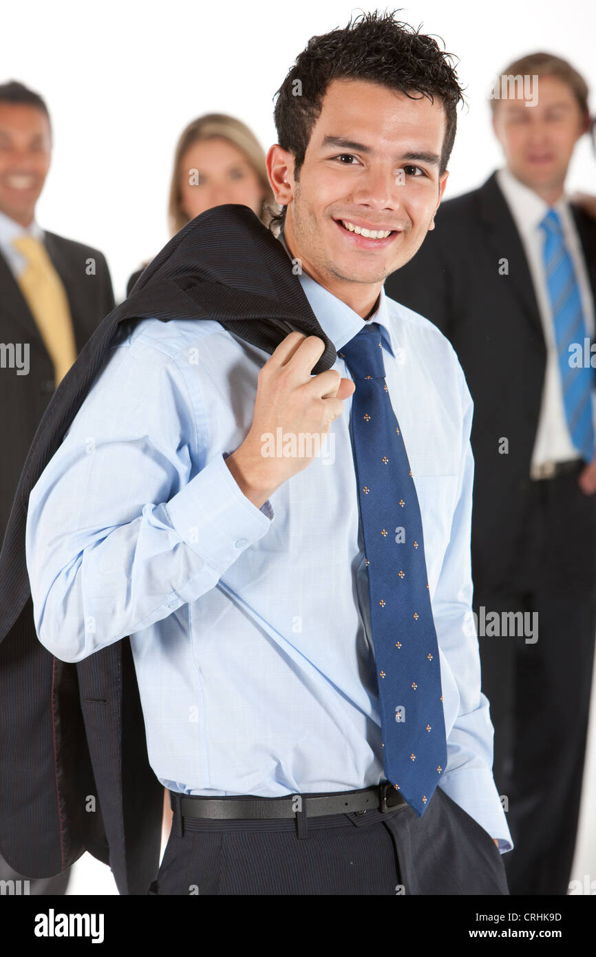 young confident businessman, with tie and jacket over his shoulder ...