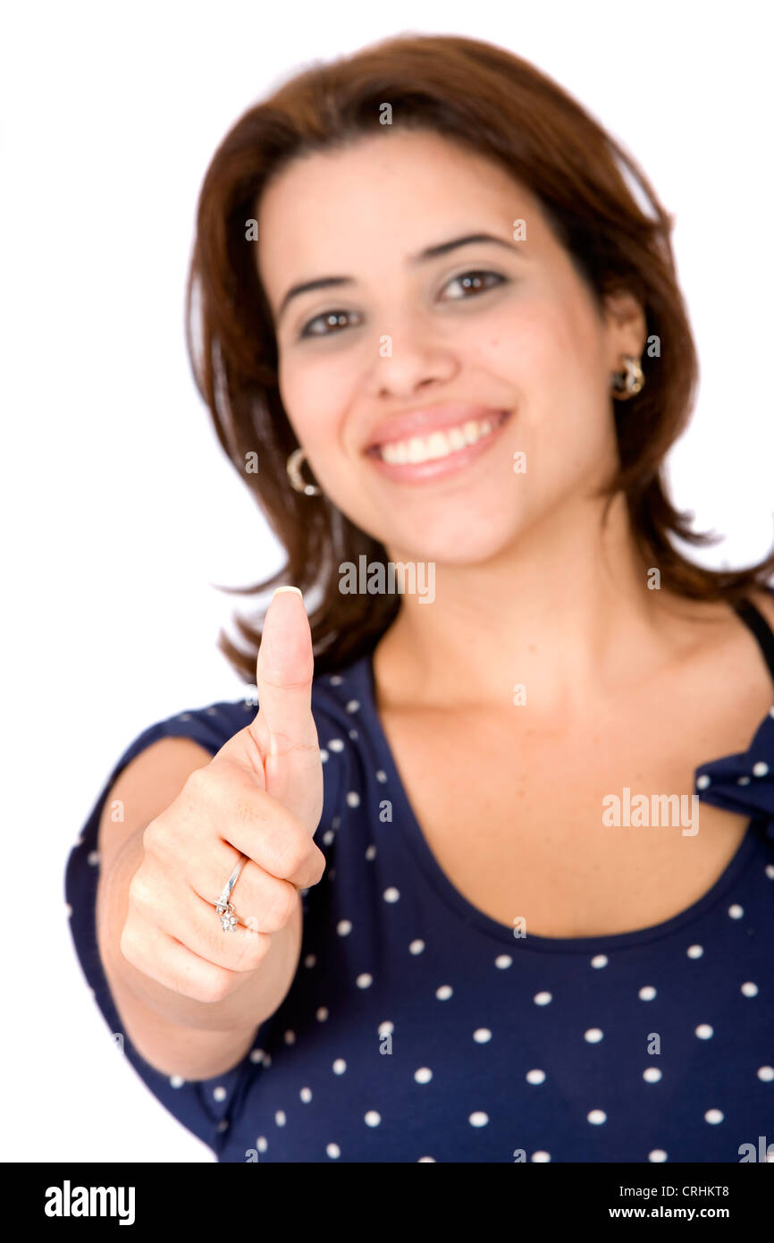 young cute woman with brown hair, making thumb up Stock Photo - Alamy
