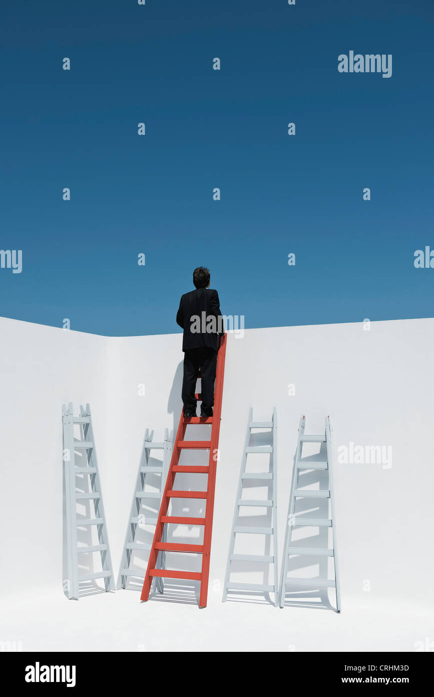 Businessman climbing ladder, rear view Stock Photo - Alamy