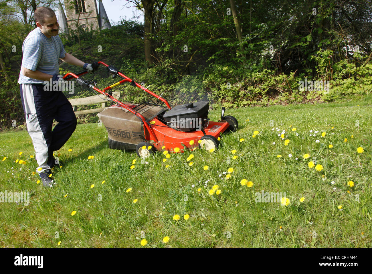 gardener with power mower, Germany Stock Photo - Alamy