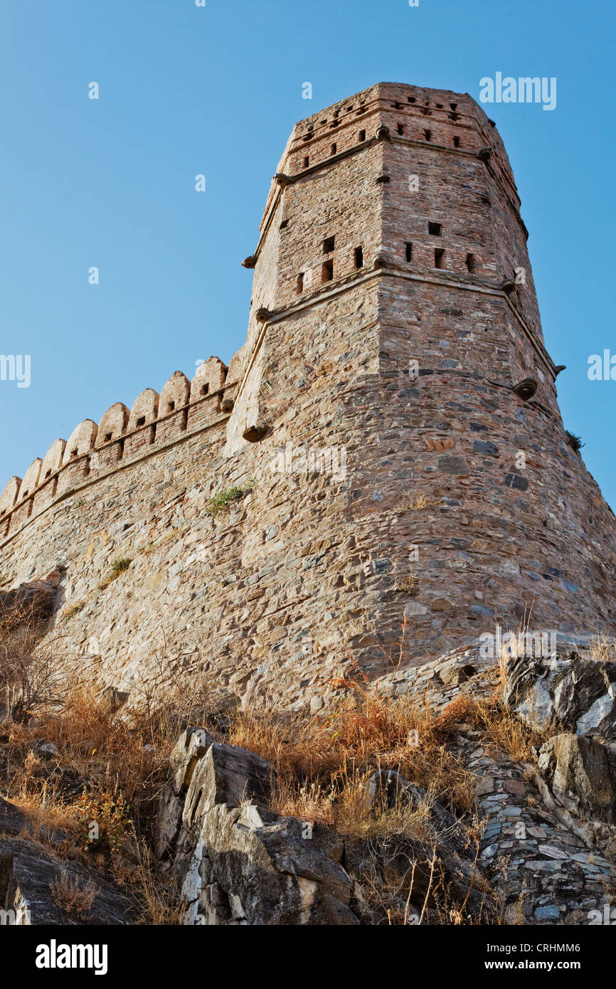 vertical portrait of a watch tower at Kumbhalghar Fort Rajasthan India ...