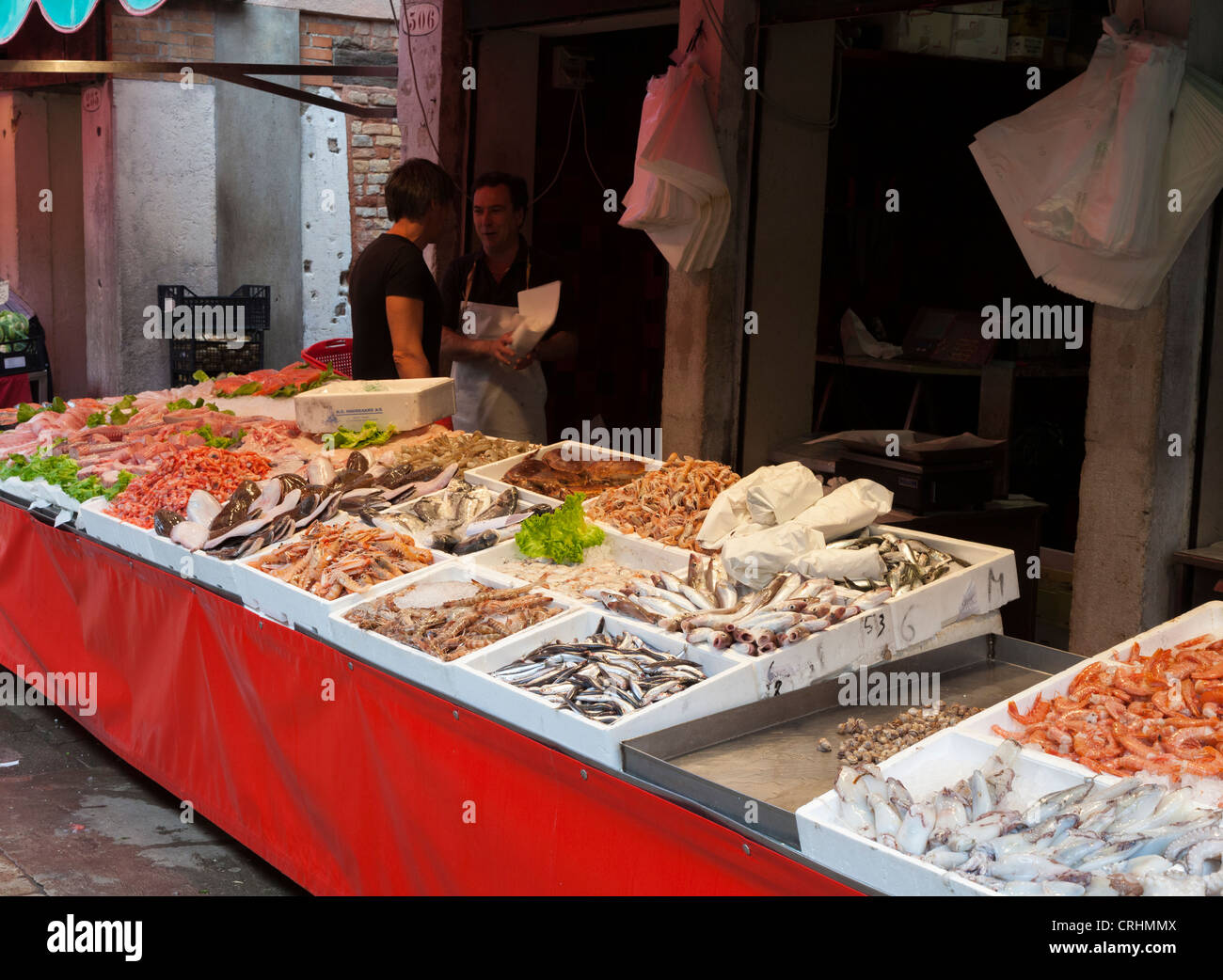 Fish stall at the Rialto fish market, Venice Stock Photo - Alamy