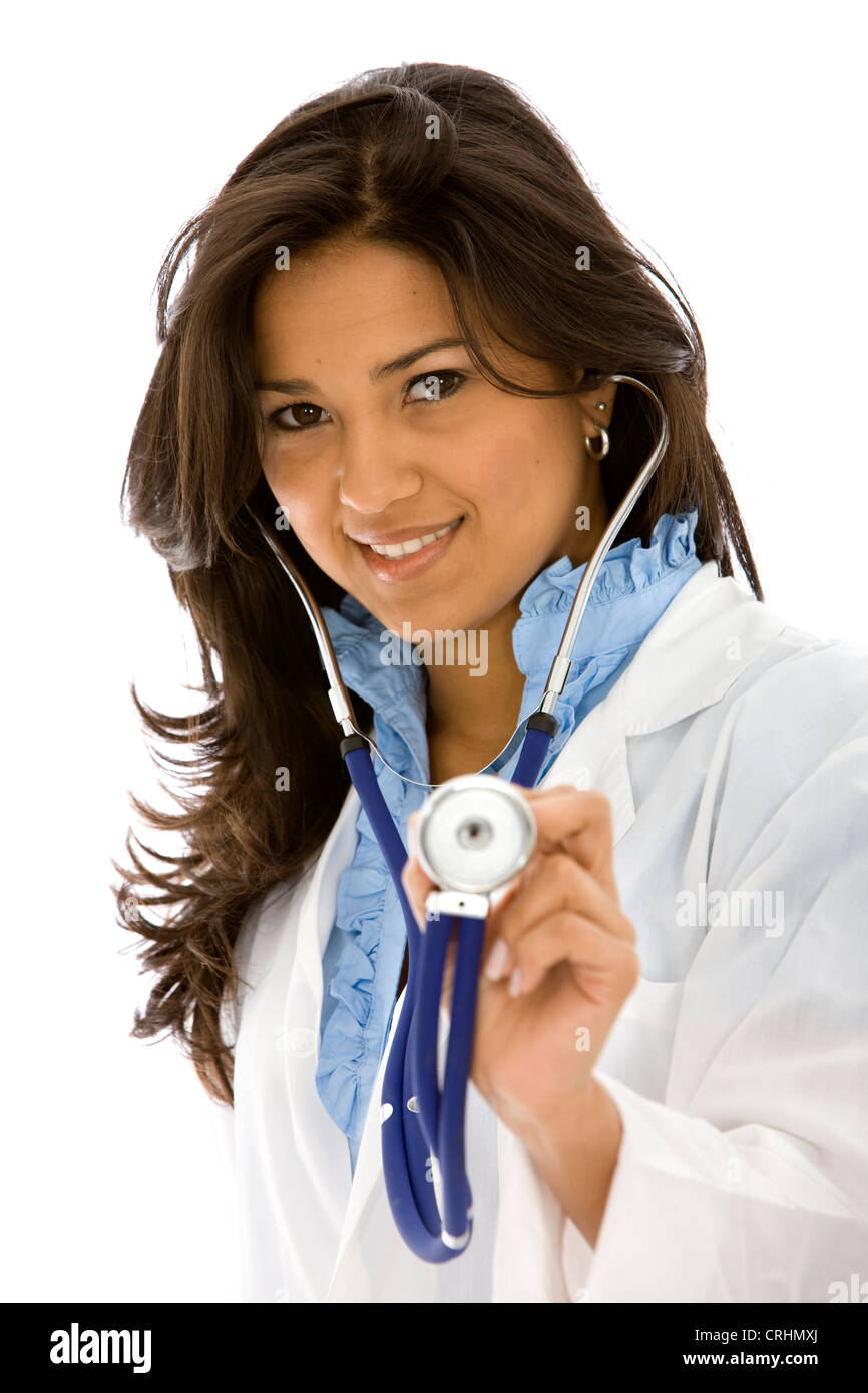 young attractive brown-haired female doctor with stethoscope, smiling ...