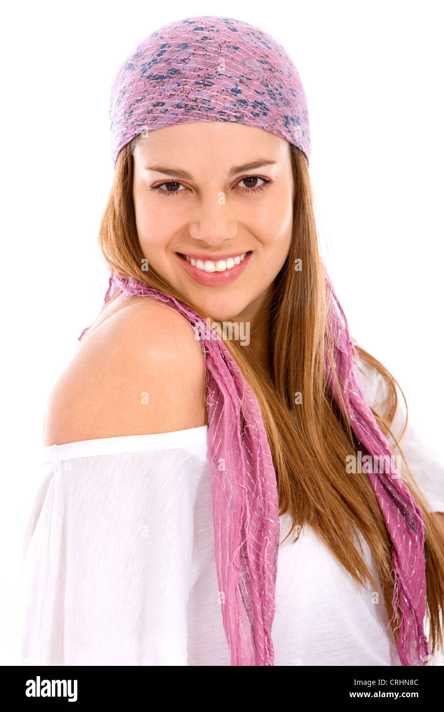 beautiful woman with a pink headscarf, smiling Stock Photo - Alamy
