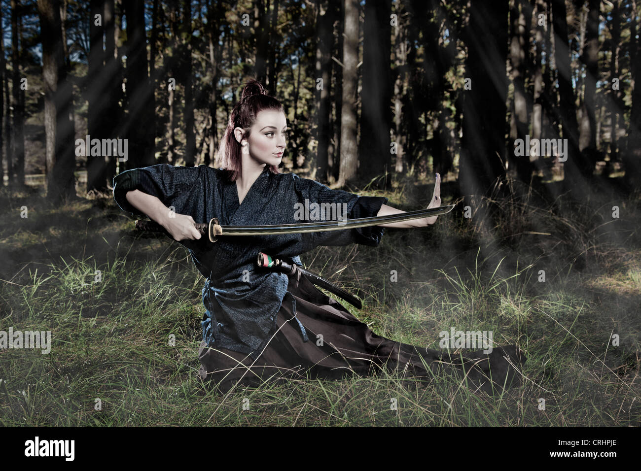 Female samurai warrior in an attacking stance Stock Photo - Alamy