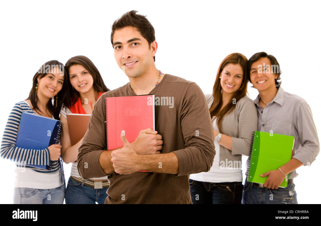 happy university students with notepads Stock Photo - Alamy