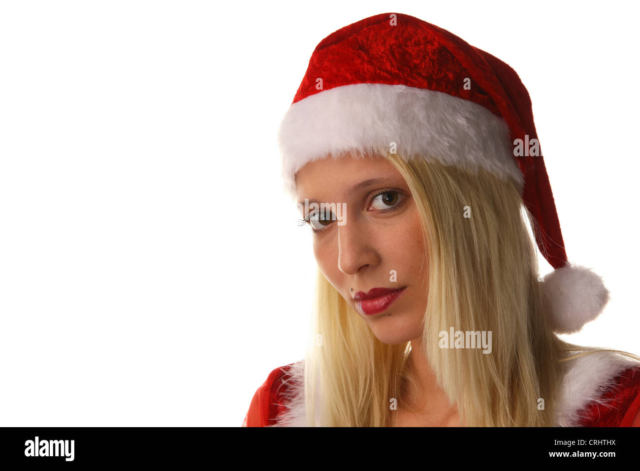 young attractive fair-haired Santarina with Santa cap Stock Photo - Alamy