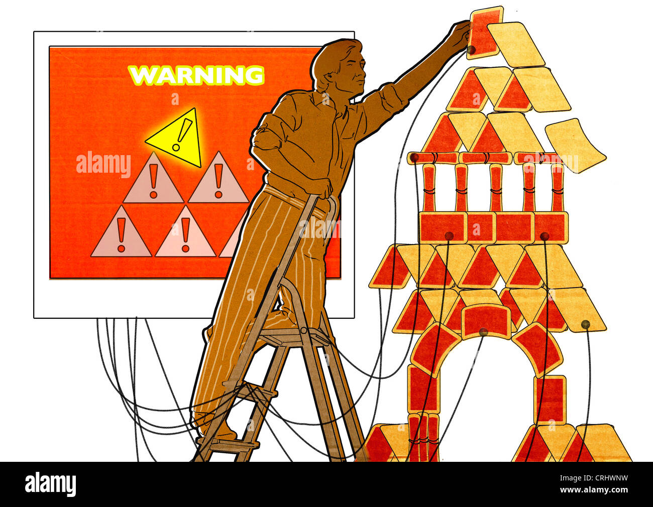 man carefully building house of cards, white background Stock Photo - Alamy