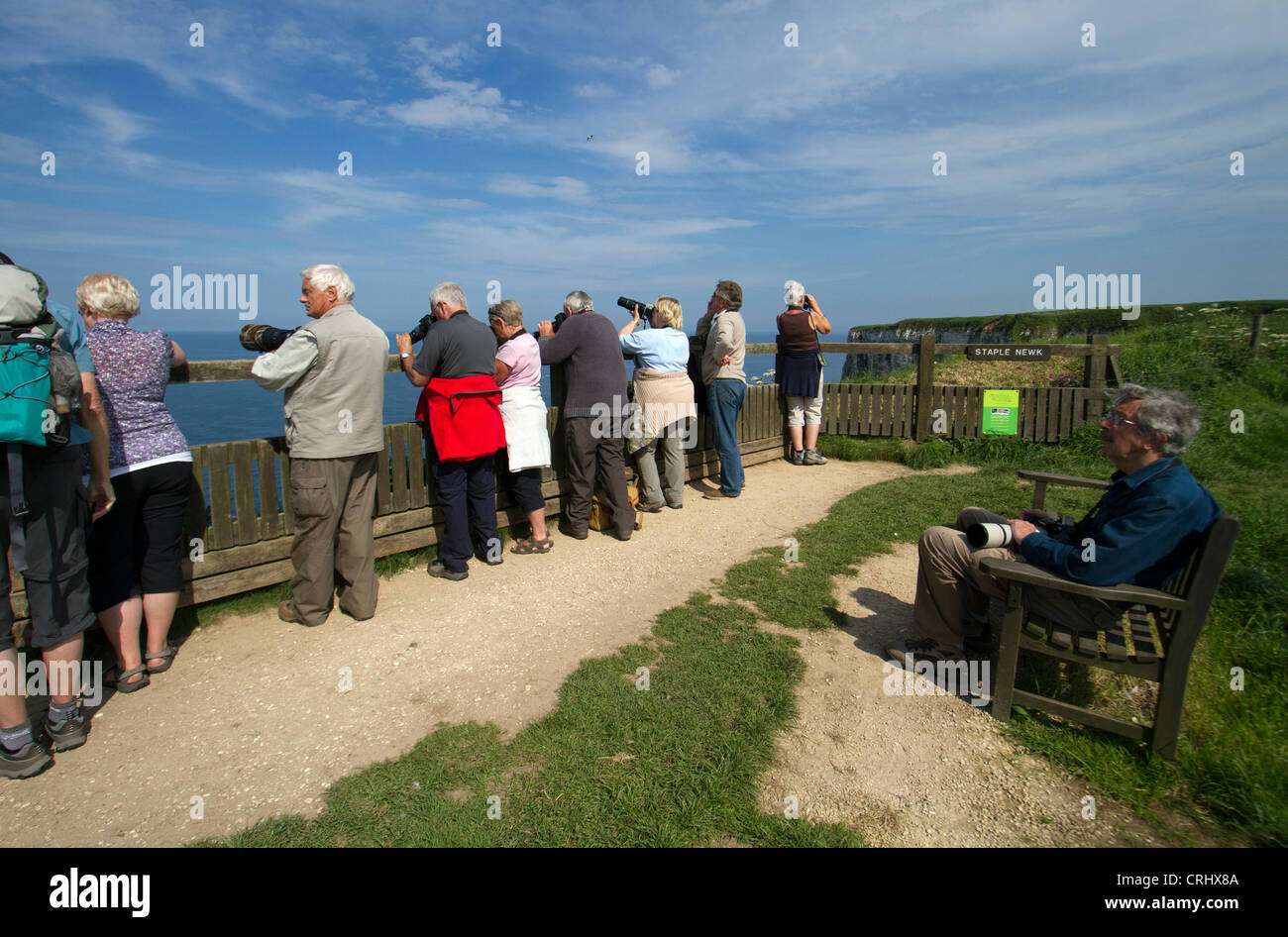 Bird watchers on viewing platforms at Bempton Cliffs, Yorkshire Stock ...