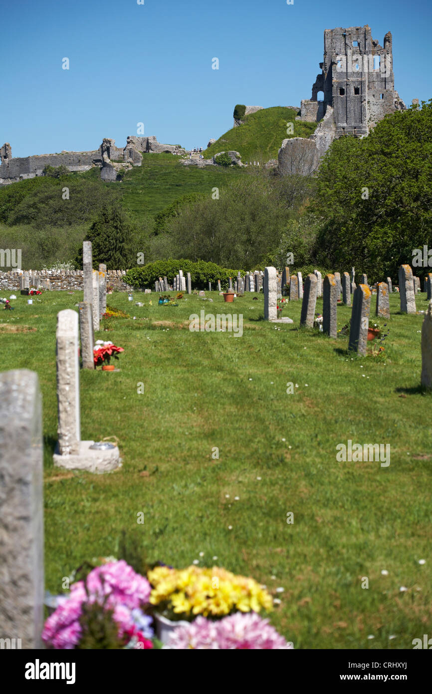 Corfe Castle in the distance and Corfe Castle cemetery in the ...