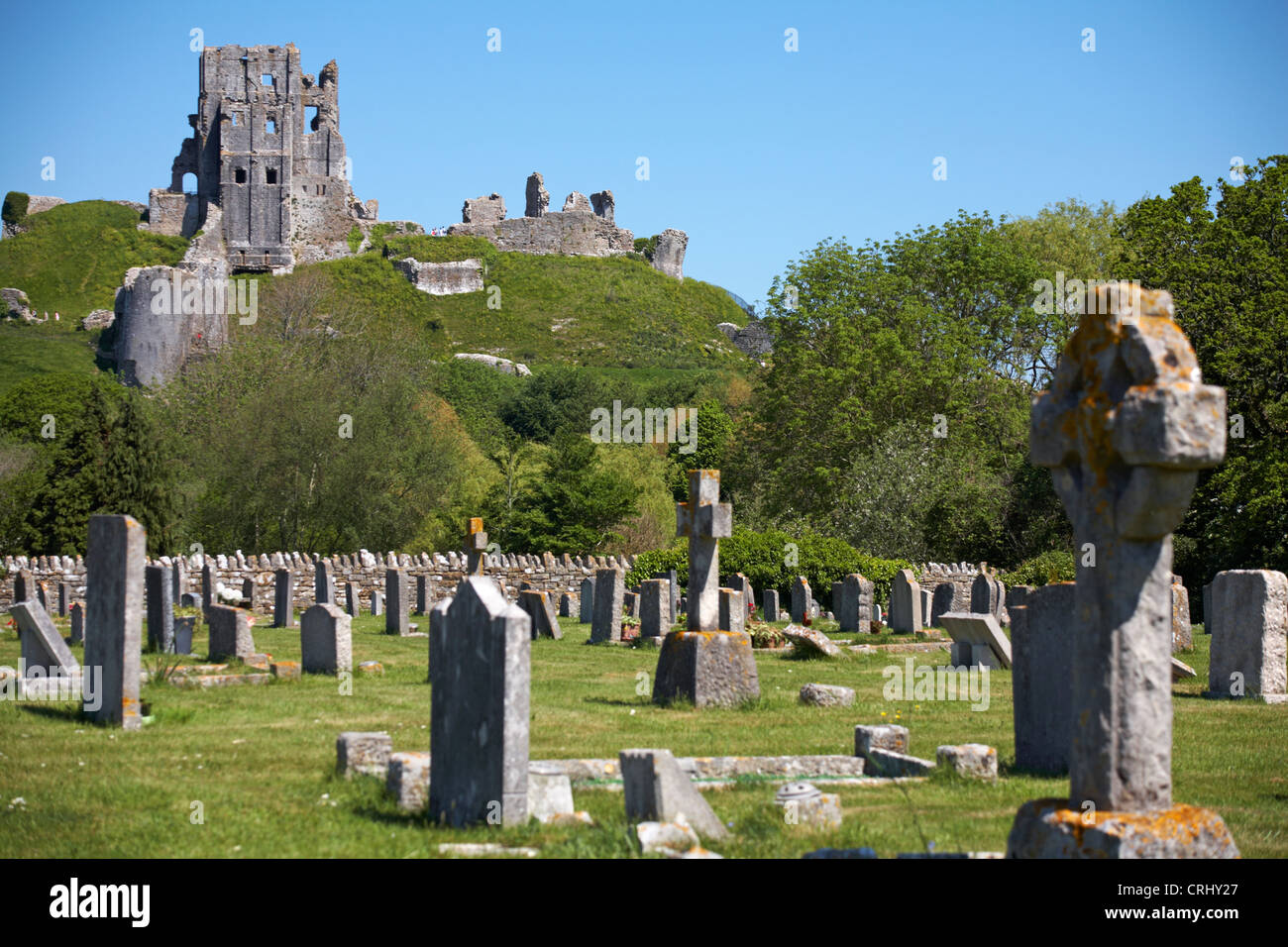 Corfe Castle and Corfe Castle cemetery, Corfe Castle, Dorset UK in May ...