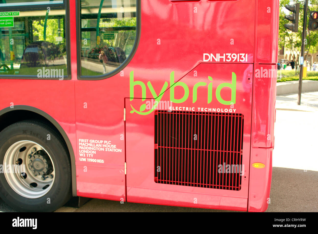 The rear of the hybrid electric technology public bus in London Stock ...