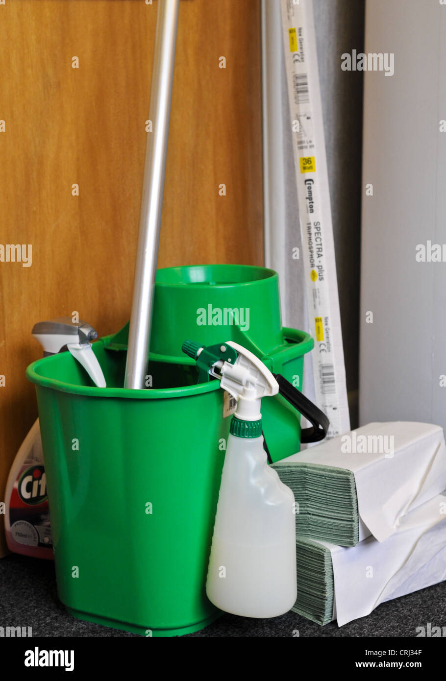 Office cleaning equipment with a green plastic bucket, plastic spray ...