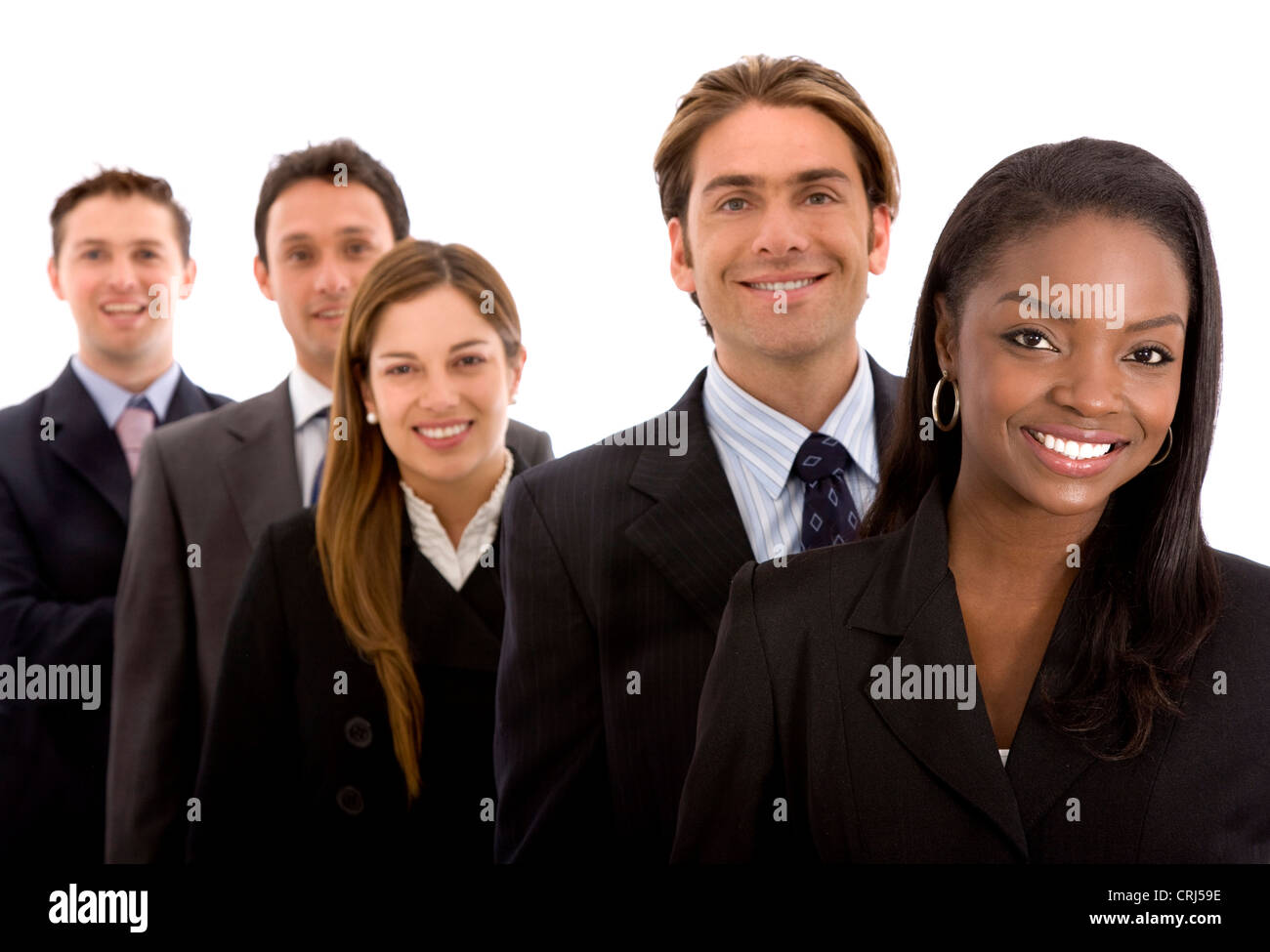 5 young business people standing in a row with a smile Stock Photo - Alamy