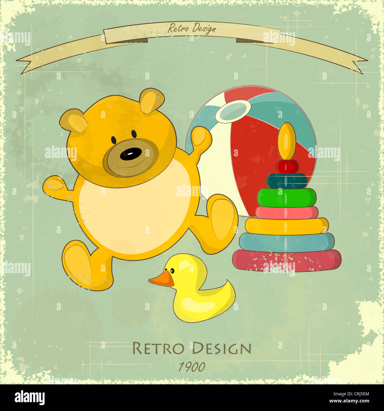 Vintage Design Baby Card - Old Toys on Retro Blue Background ...