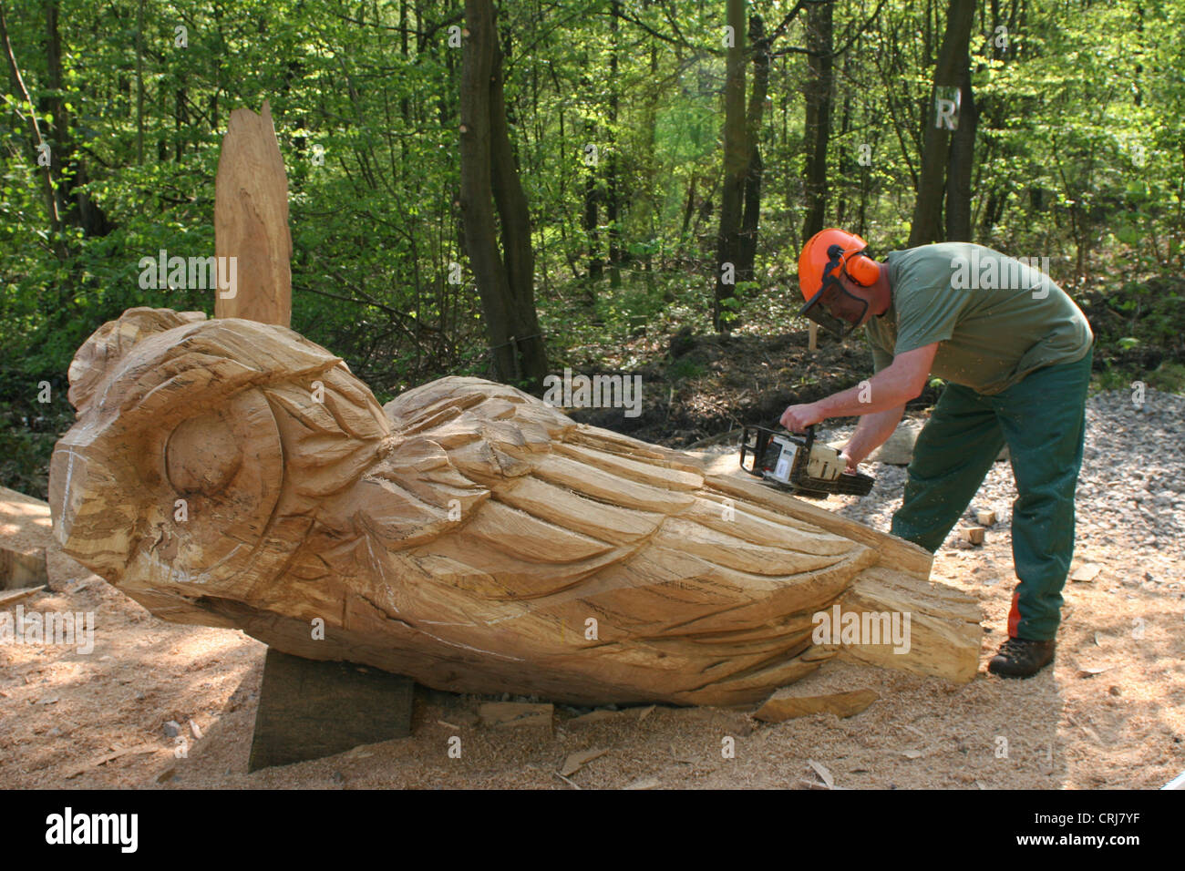wood carver working on a big owl with a motor saw Stock Photo - Alamy