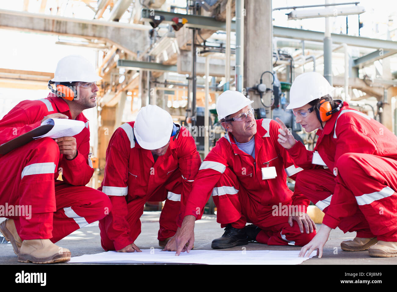 Workers with blueprints at oil refinery Stock Photo - Alamy