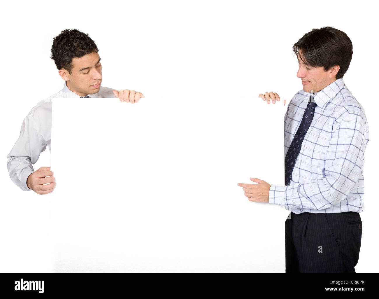 business men presenting something on a white card Stock Photo - Alamy