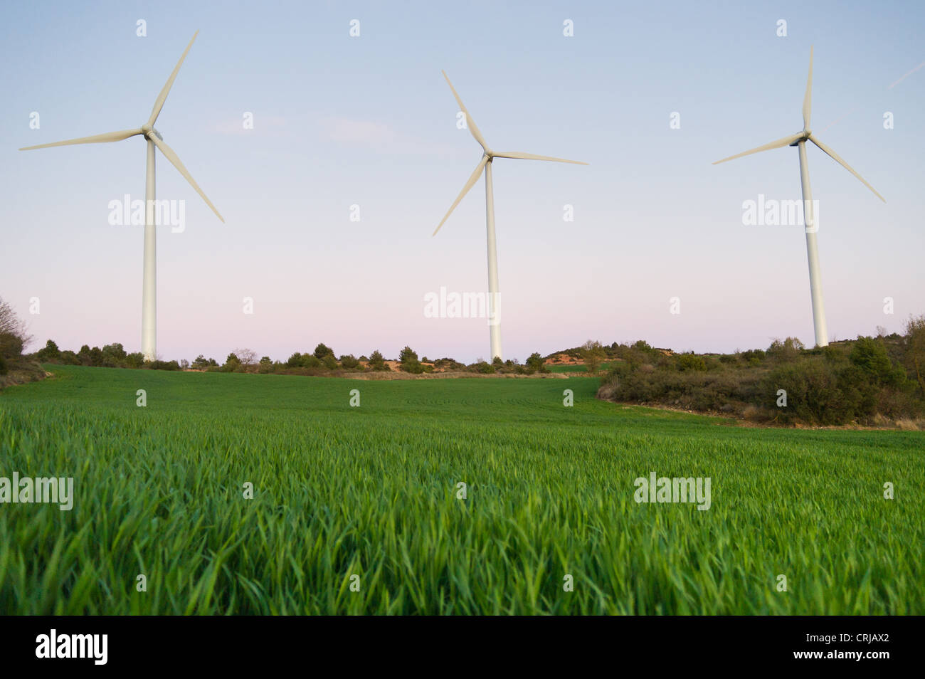 Three wind turbines and grass fields Stock Photo - Alamy