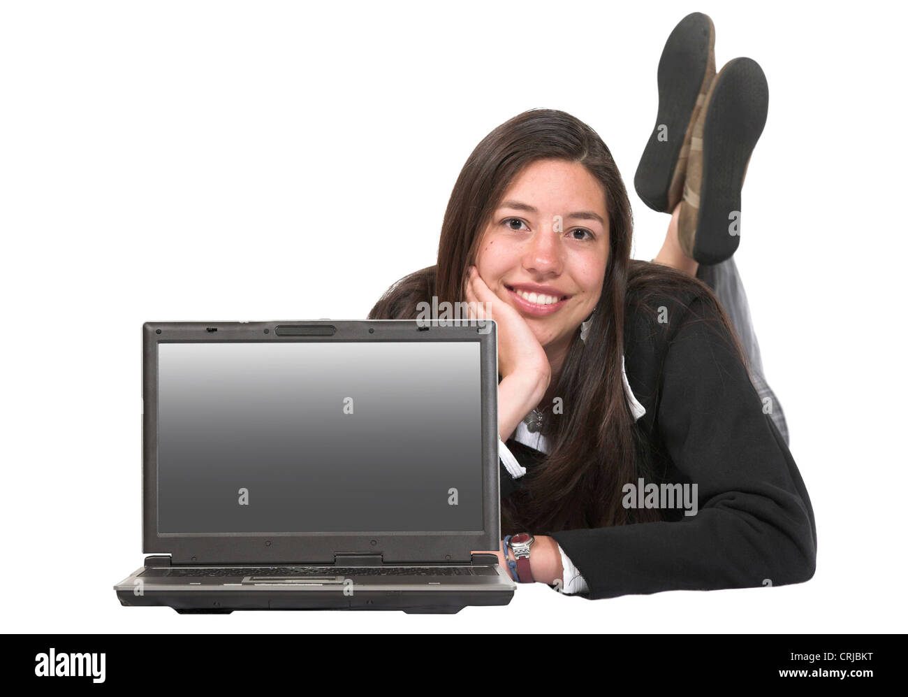 beautiful woman with laptop lying on the ground Stock Photo - Alamy